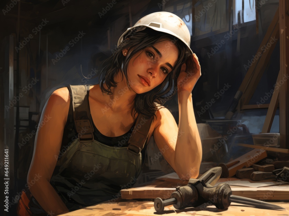 Hot Woman on a construction site, illustration. Portrait of a beautiful ...