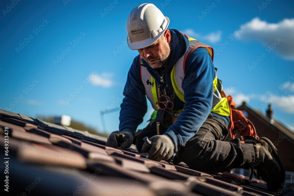 Smile roofing worker sitting, new covering of a tiled rooftop Stock ...