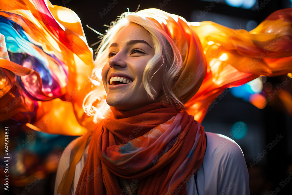 Vibrant depiction of modern culture with a joyful woman in neon hijab ...