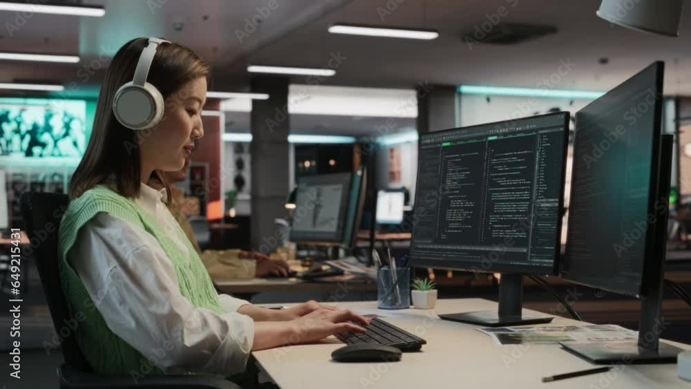 Vidéo Stock Female Asian Game Programmer Coding On Desktop Computer In ...