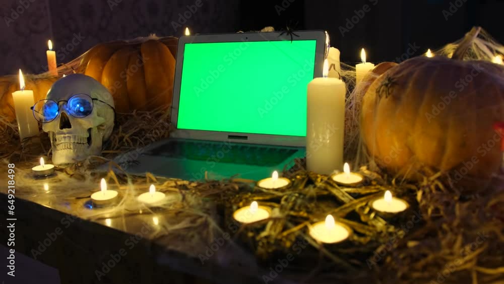 Frightening and unforgettable Halloween invitation, laptop with ...