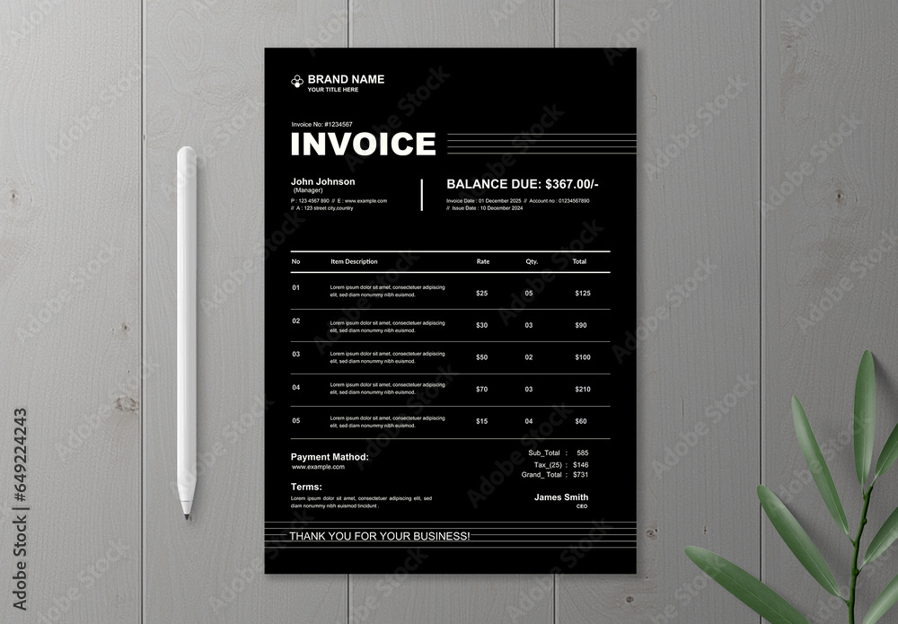 Black and White Invoice Template Stock Template | Adobe Stock