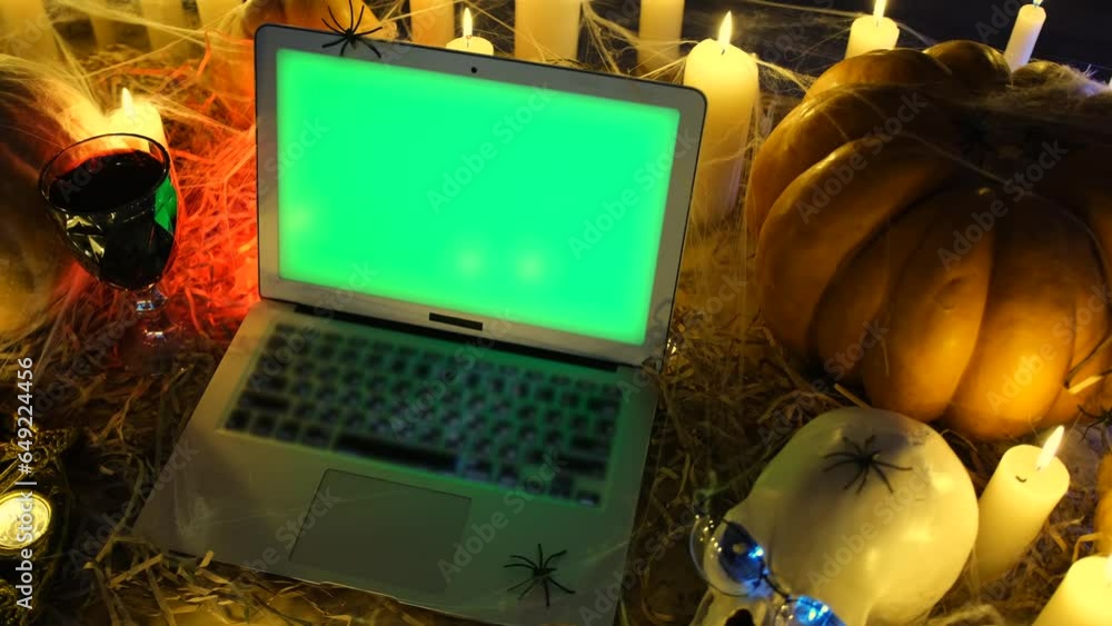 Dark scary vampire crypt, laptop with green screen against Halloween ...