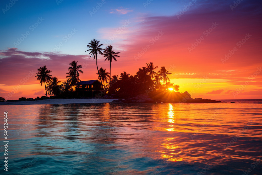A remote island paradise during a tropical sunrise, symbolizing the ...