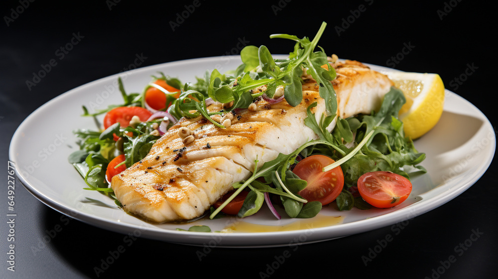 Cultured fish fillet with a colorful side salad presentation Stock ...