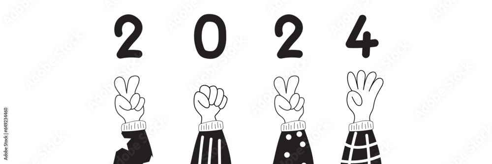Hand drawn illustration of a hand showing the numbers 2024 in doodle ...