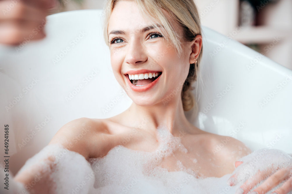 Young Beautiful Sexy Woman Having Fun While Lying In Bathtub Full Of