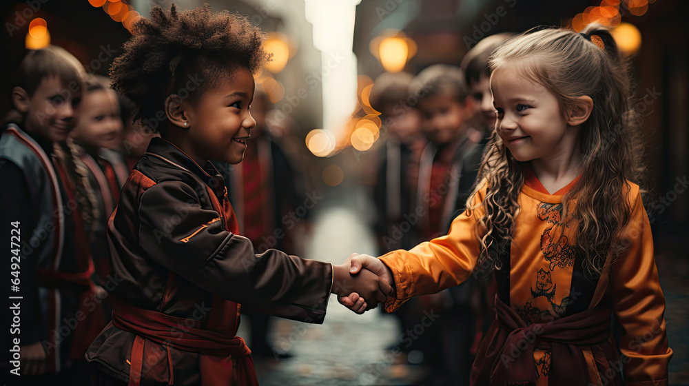 Two children handshaking to each other for joining agreement to compete ...