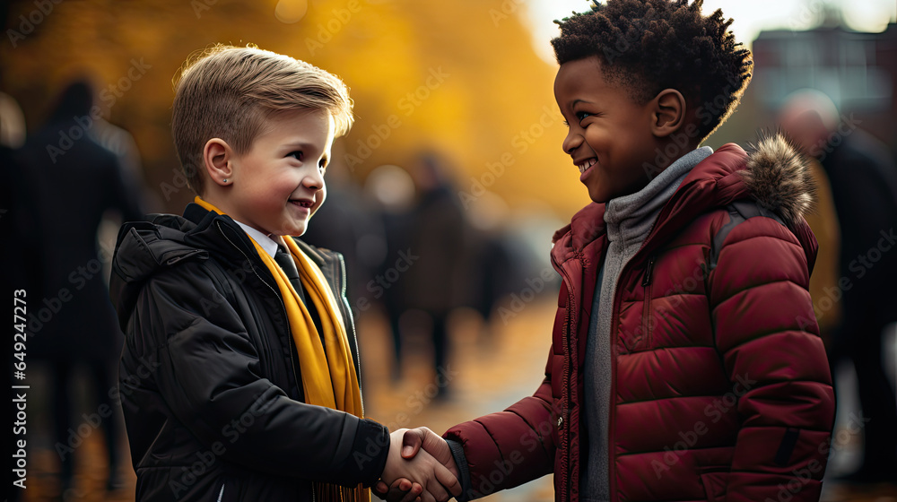 Two children handshaking to each other for joining agreement to compete ...