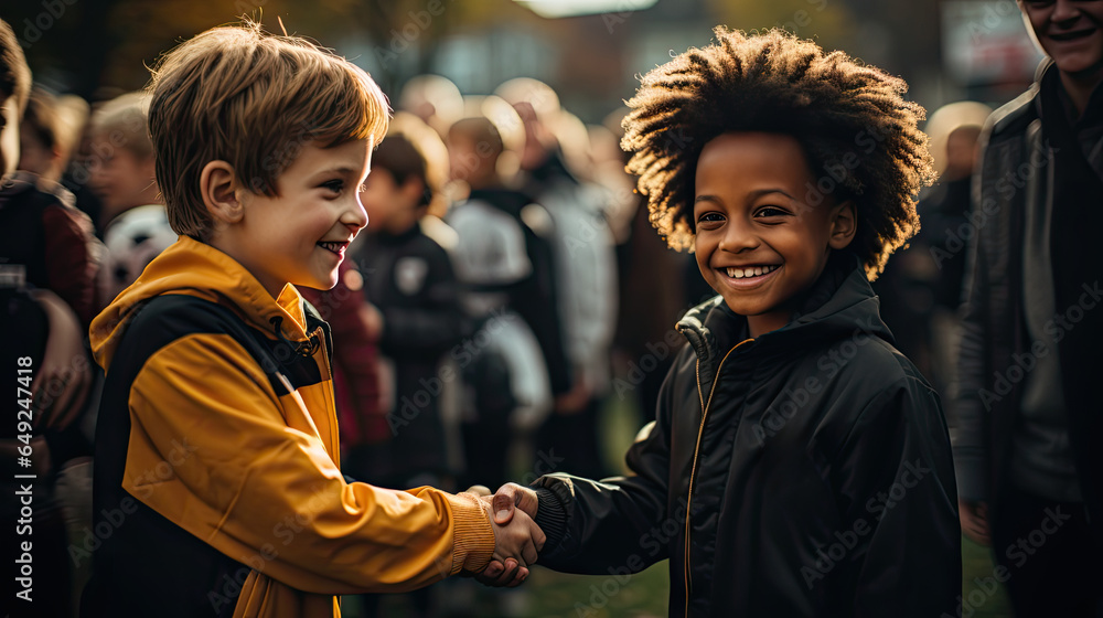 Two children handshaking to each other for joining agreement to compete ...