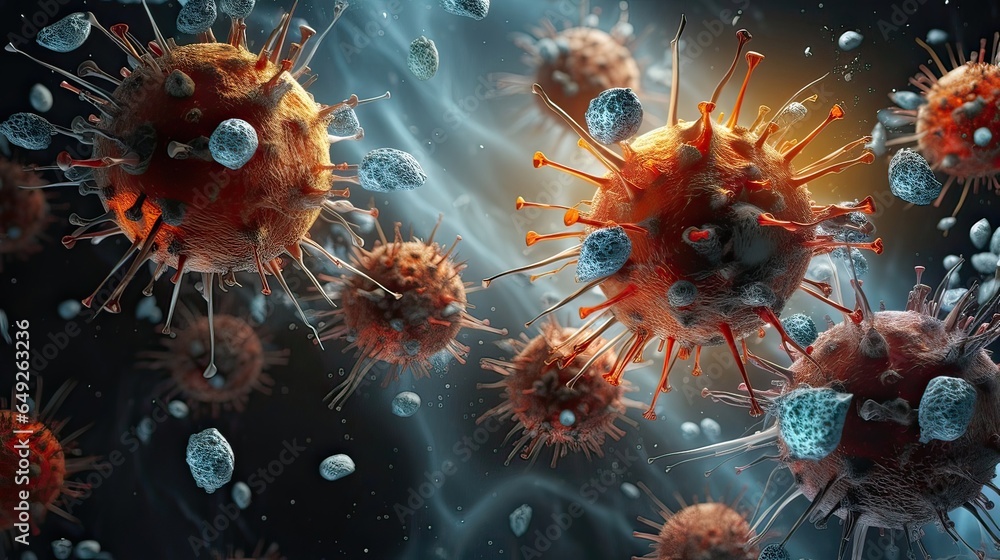 Human host and virus interaction at the cellular level. Microscopic ...