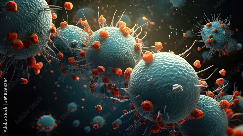 Human host and virus interaction at the cellular level. Microscopic ...