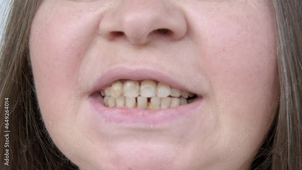 close-up of Curved teeth with yellow deposits on tooth enamel, tartar ...