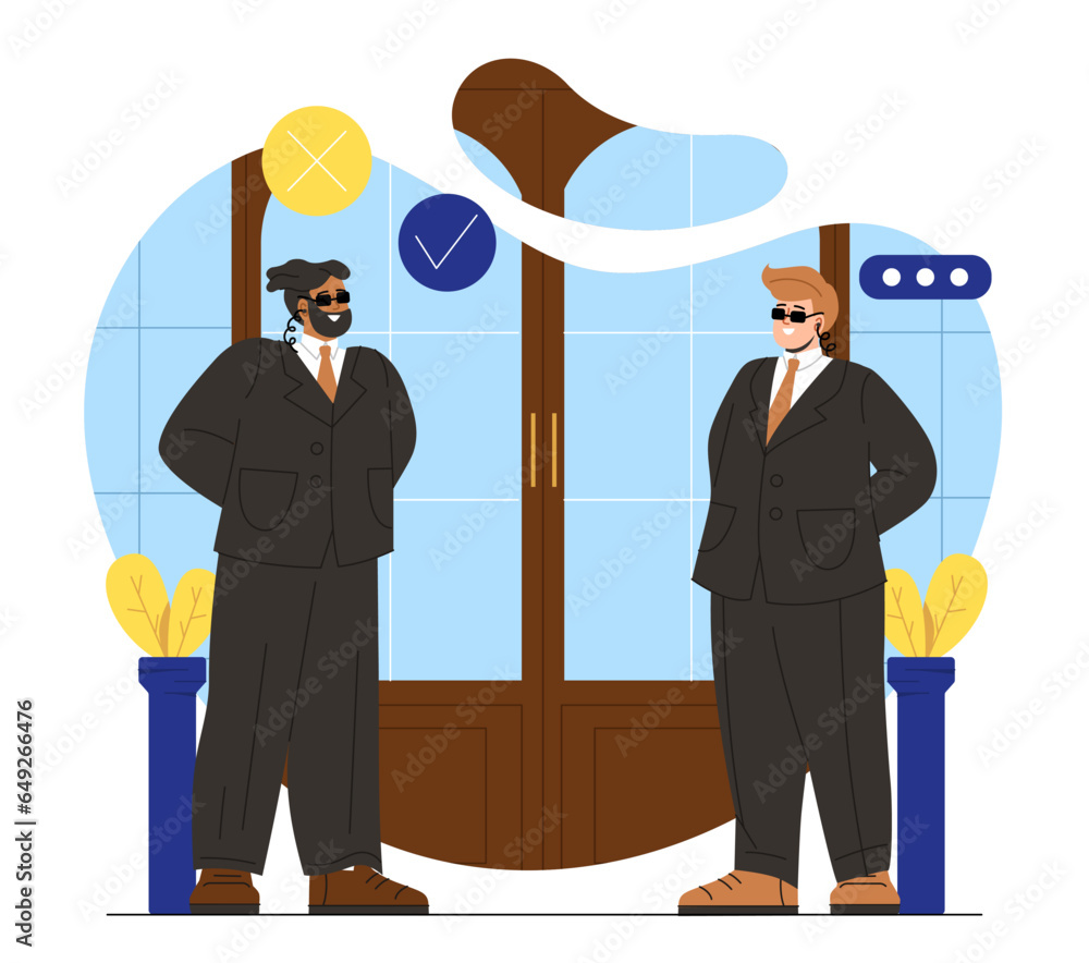 Bodyguard at doors concept. Men in black suits and sunglasses near ...