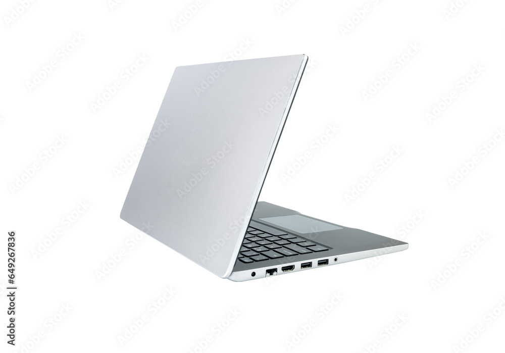 Back view of Modern slim design laptop, Aluminum material isolated on ...
