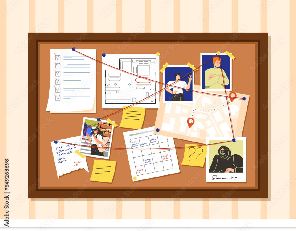 Evidence board concept. Photos and documents on board tied with red ...