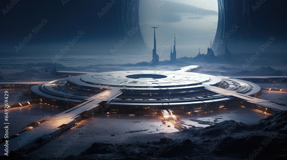 Spaceport on a distant planet. Interstellar gateway, cosmic transport ...