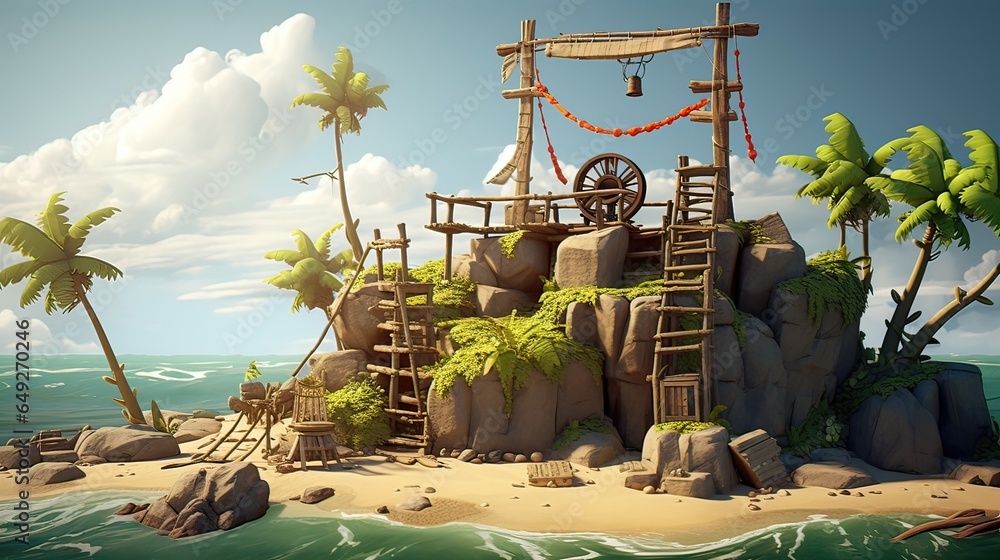 Pirate trap strategically placed on a deserted island, intended to ...