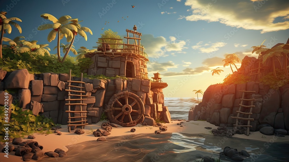 Pirate trap set on a deserted island, cunningly designed to deter any ...