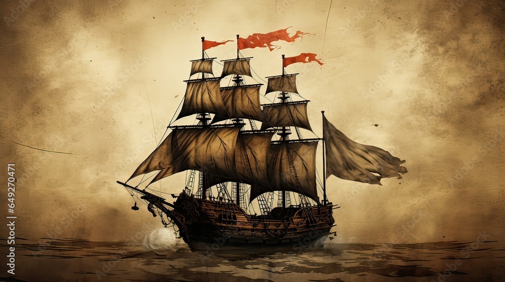Weathered pirate ship sailing under the notorious Jolly Roger flag ...