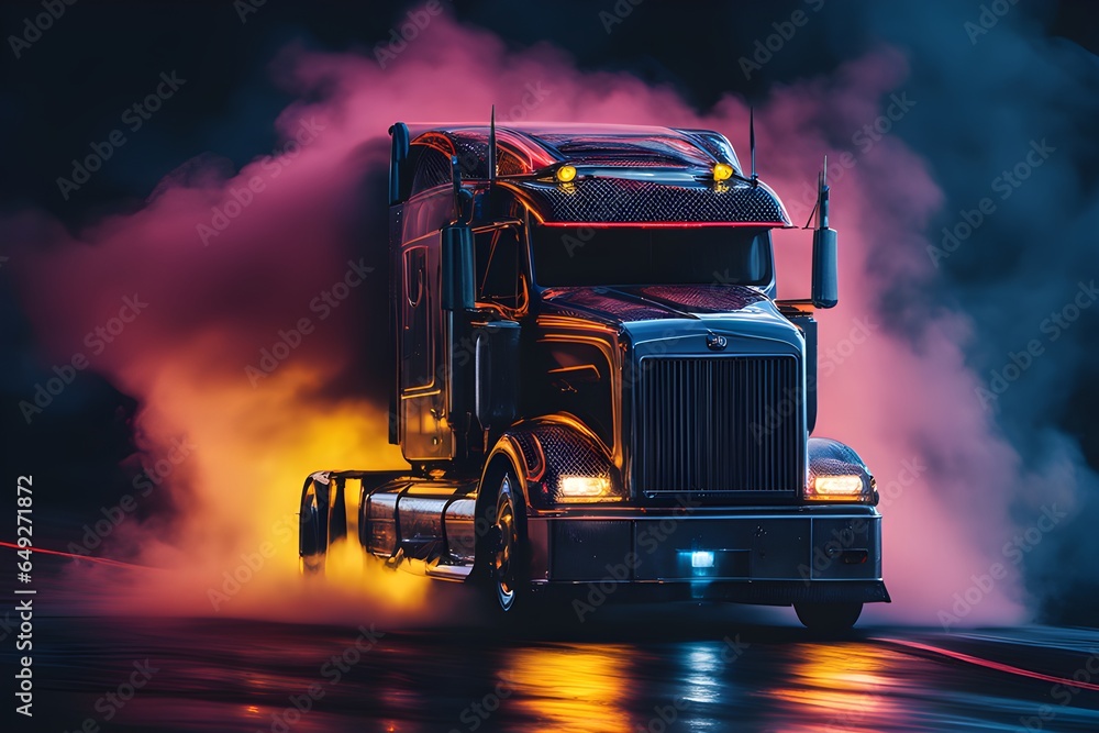 Modern truck on dark black background with smoke. Truck in the smoke ...