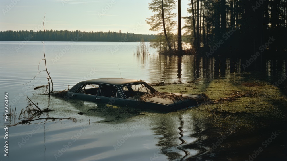 Old wreckage of an automobile partially submerged in a lake, rusty ...