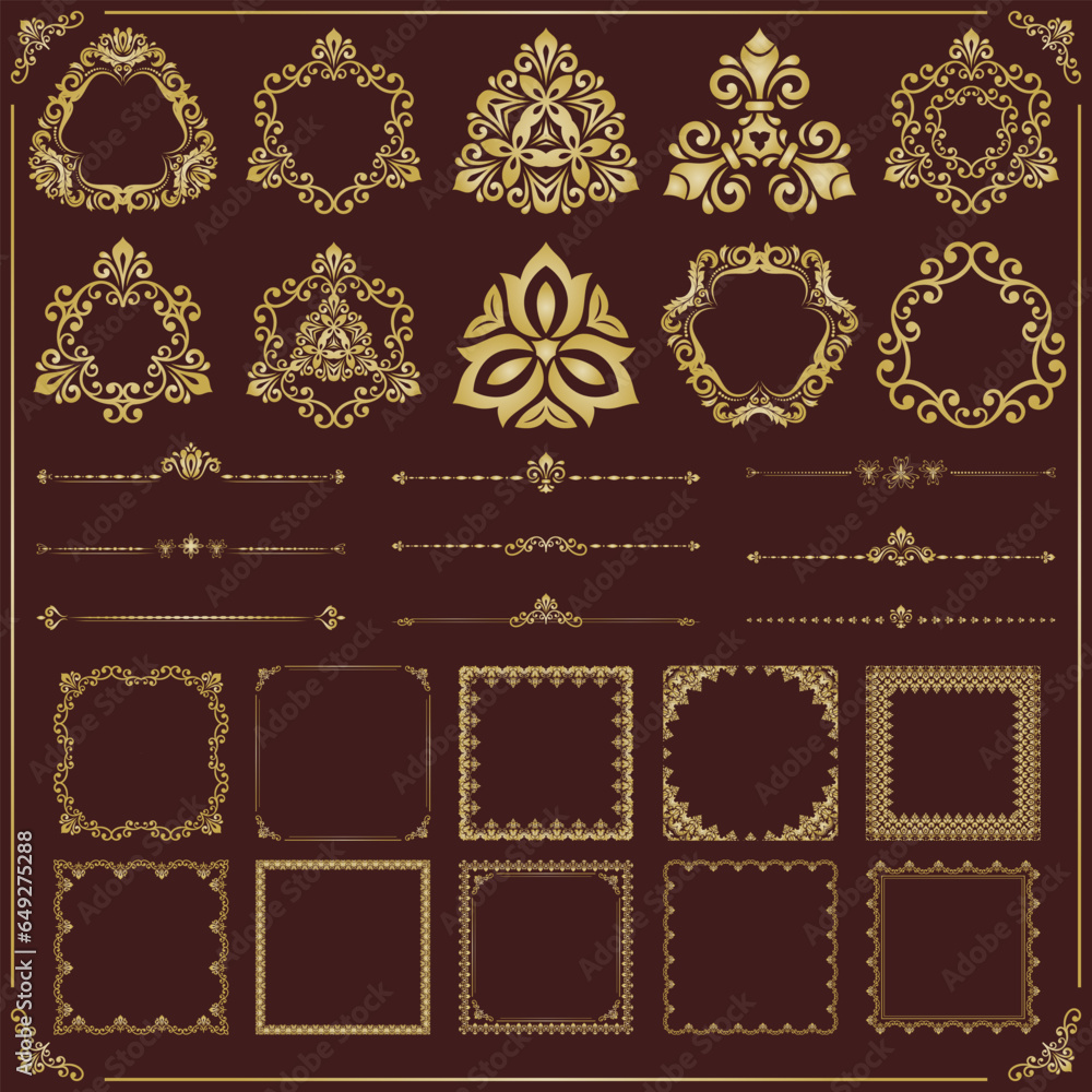 Vintage brown and golden set of vector horizontal, square and round ...