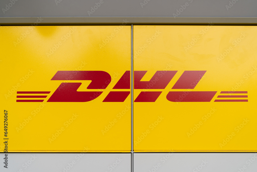 DHL POP BOX parcel machine with logo sign. Smart electronic steel ...