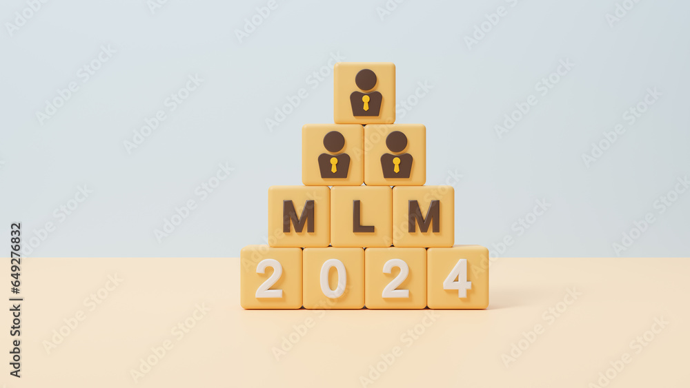 MLM, Multi-level marketing starting on 2024. Pyramid of wooden human on ...
