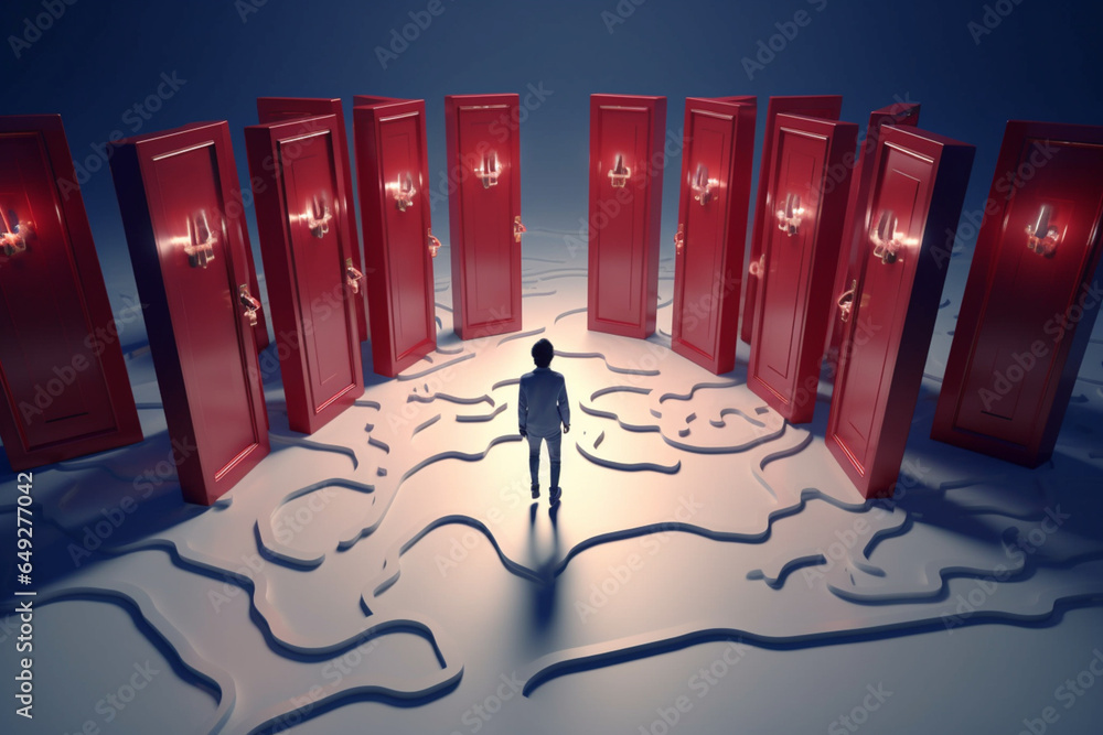 3D character walking on the road leading to many different paths with open doors, Decisions ...
