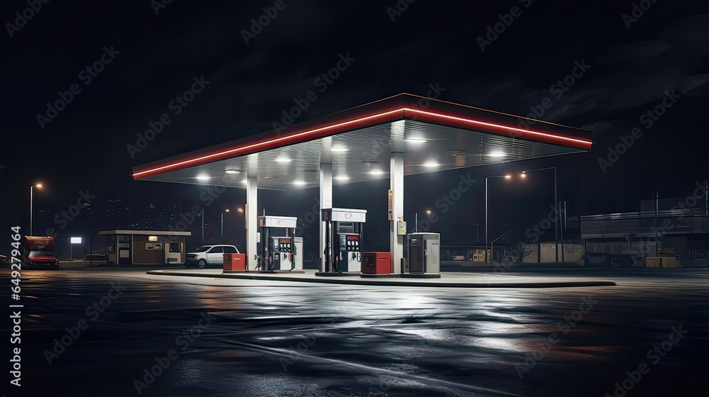 Photo & Art Print Night refueling, convenience store, fuel pumps ...