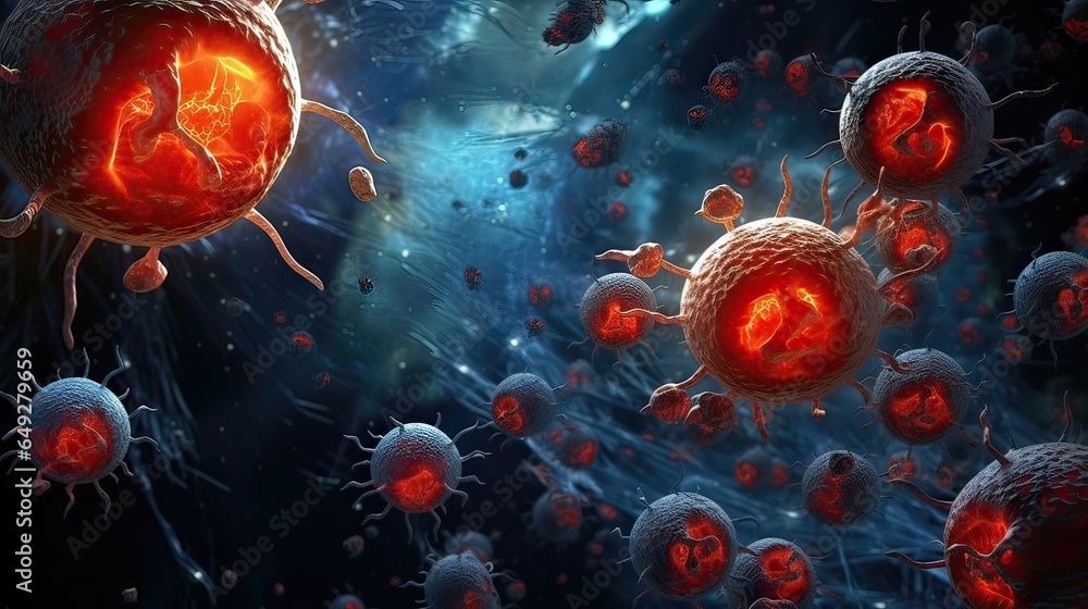Human host and virus at the cellular level. Microscopic battle, immune ... Human host and virus at the cellular level. Microscopic battle, immune ...