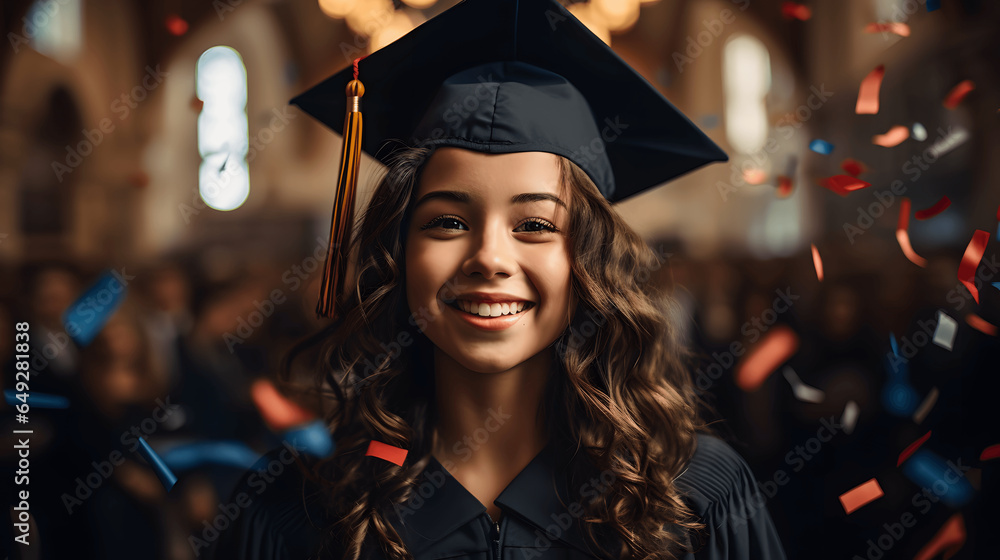 Happy female student celebrating graduation. Portrait of cheerful girl ...
