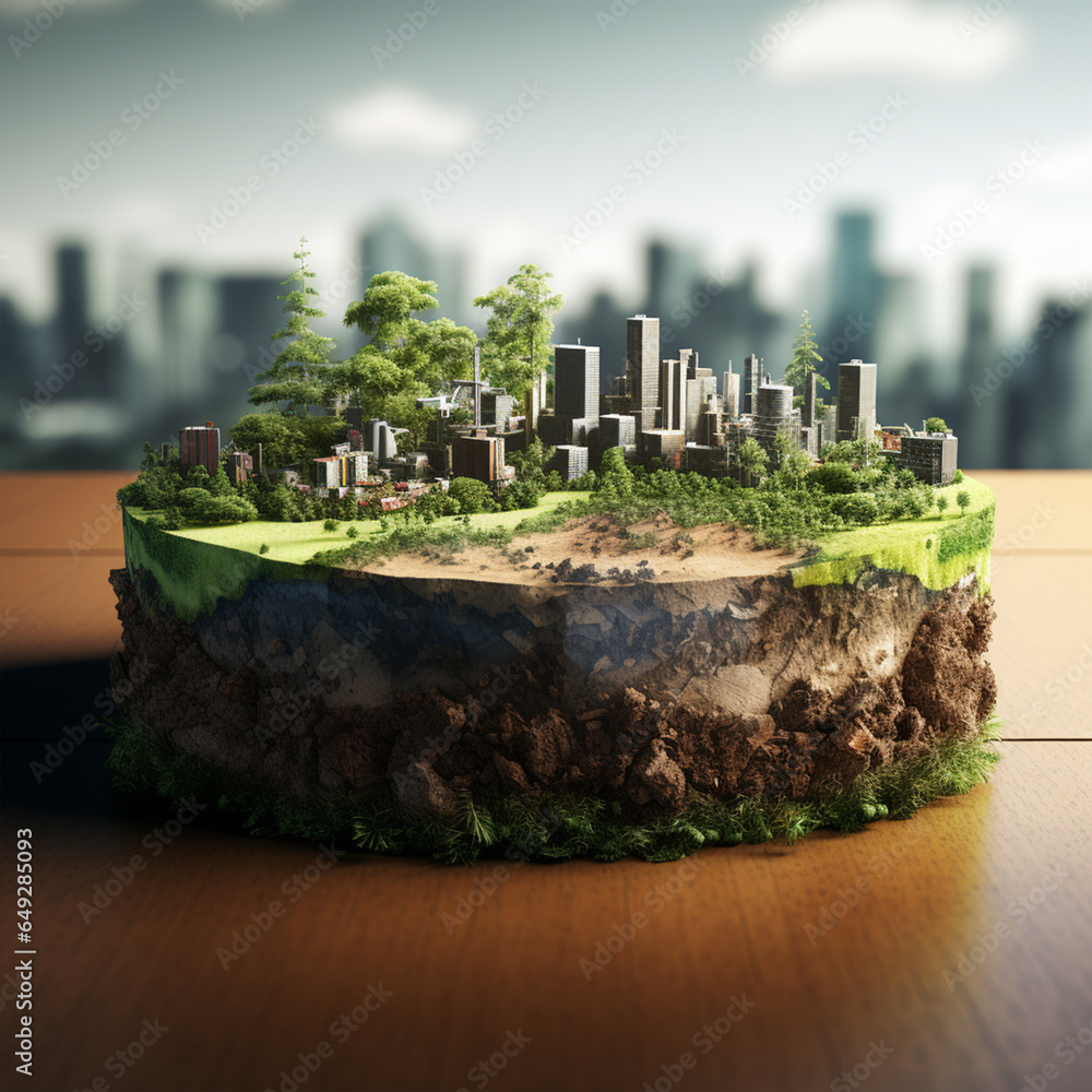 3D Illustration round soil ground cross section with earth land and ...