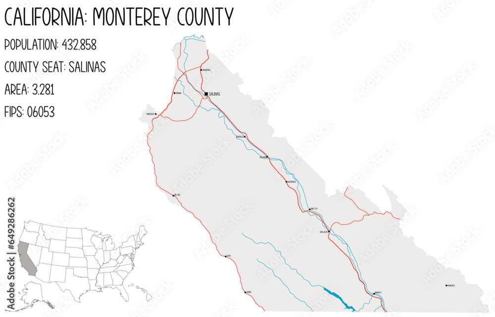 Large and detailed map of Monterey County in California, USA. Stock ...