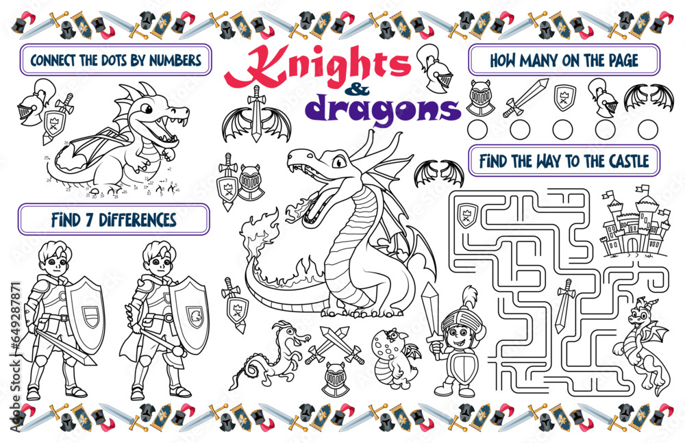 Festive placemat for children. Printable activity sheet "Knights and ...