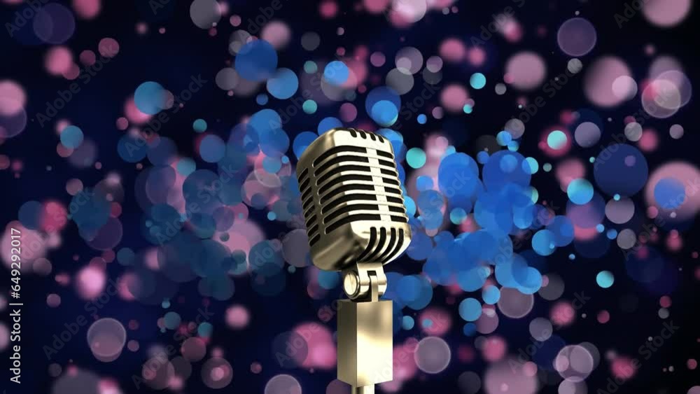 Animation of microphone over purple and blue spots of light against ...