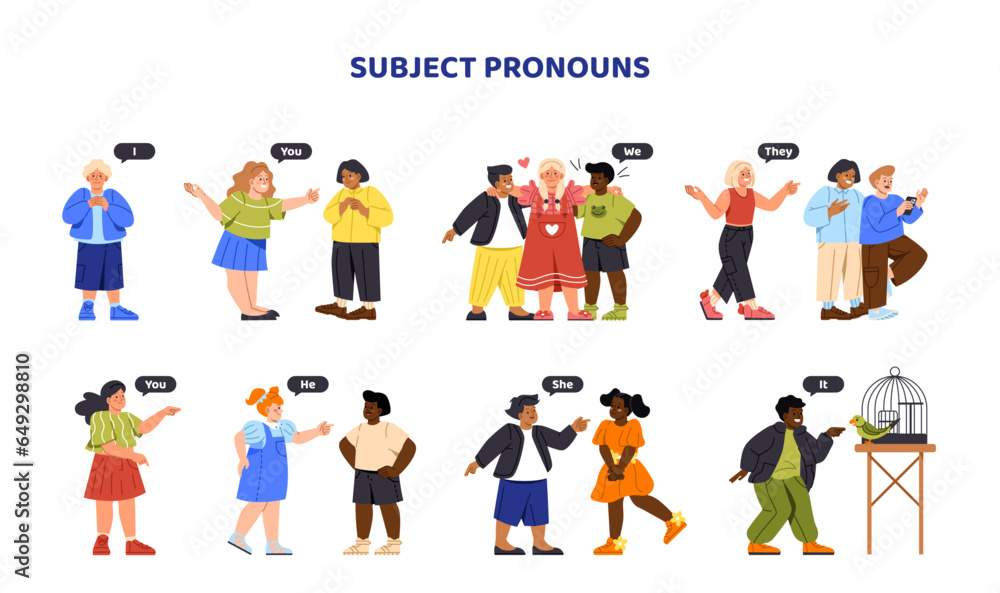 Subject pronouns set. Little boys and girls communicate. Schoolchildren ...