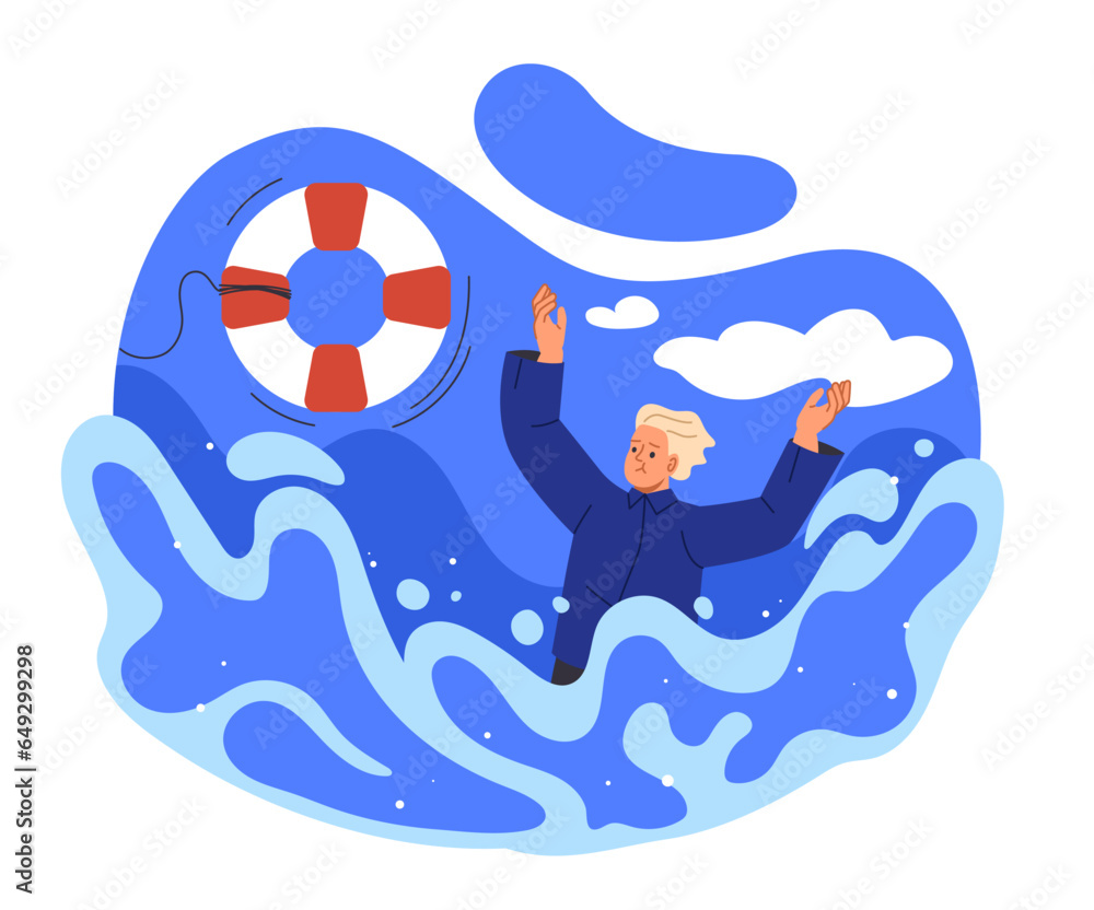 Man in storm with lifebuoy concept. Young guy drowning in sea or ocean ...