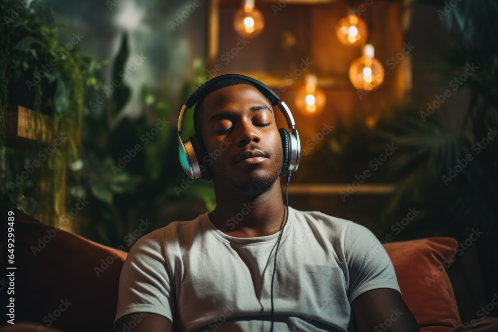 Healing Sounds and Sound Therapy. African America black young man in ...