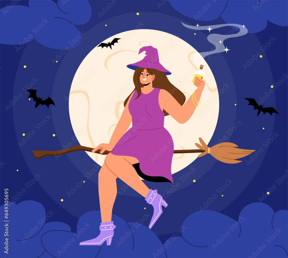 Witch flying on broomstick concept. Young girl at background of sky ...