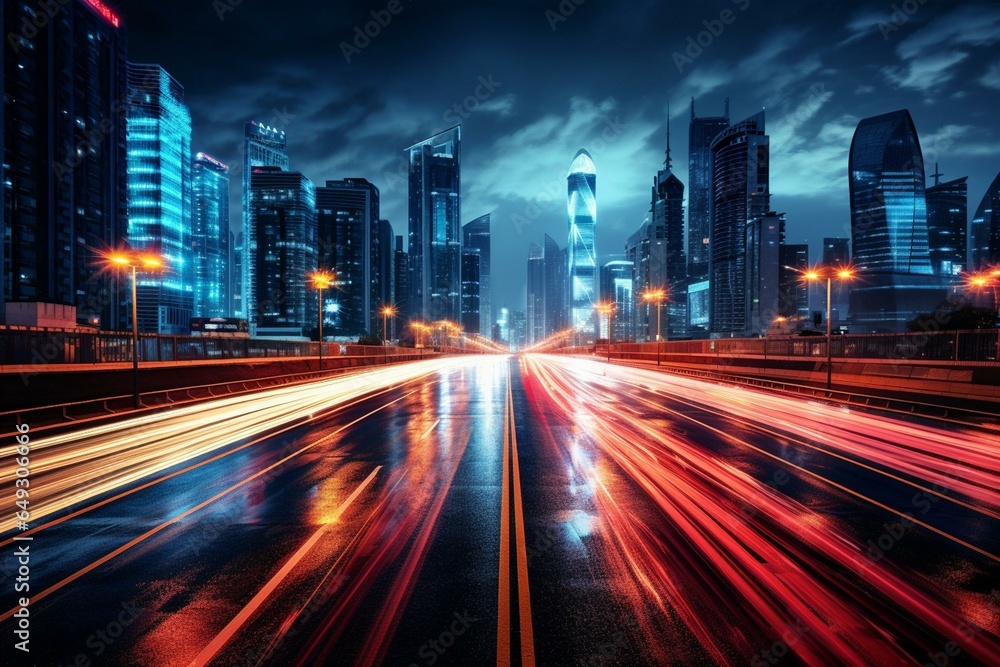 A busy freeway at night with illuminated buildings and neon street ...