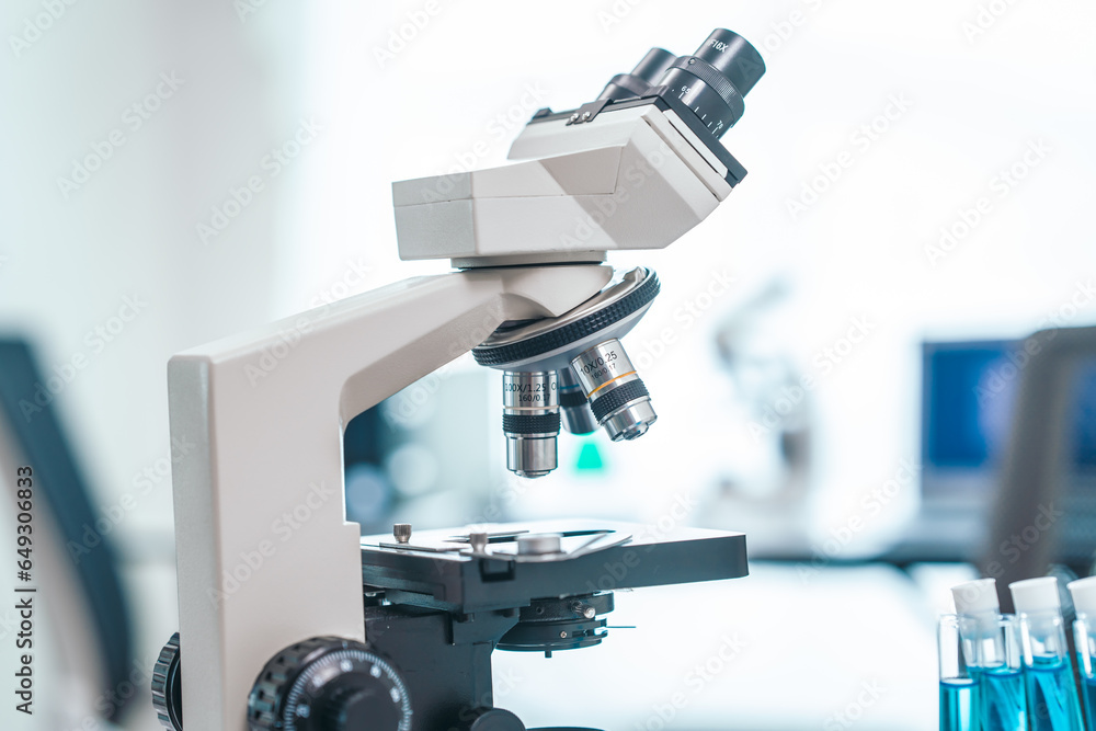 Medical Research Lab Interior with Microscope, close up shot modern ...