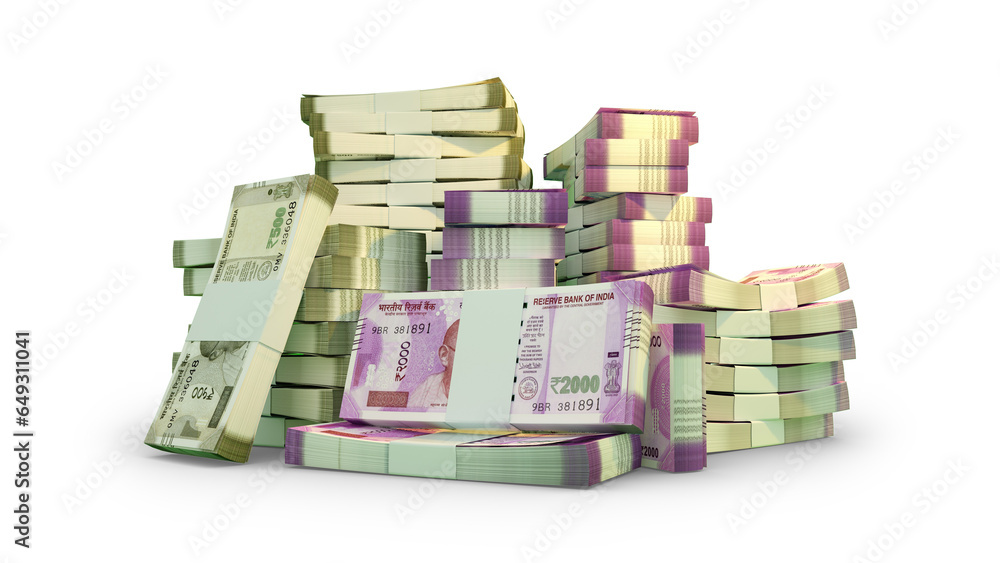 many stacks of Indian rupee notes. A lot of money isolated on ...