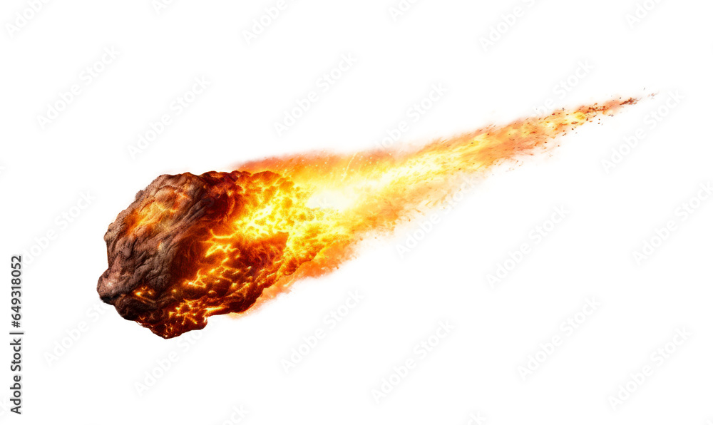 A glowing meteor with a tail of red-hot flames, isolated transparent ...