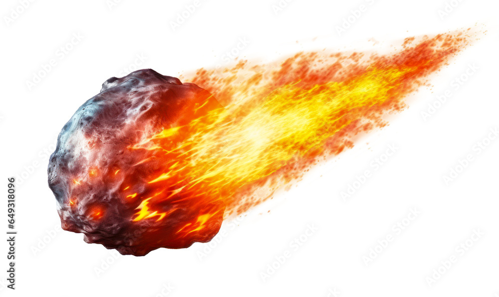 A glowing meteor with a tail of red-hot flames, isolated transparent ...