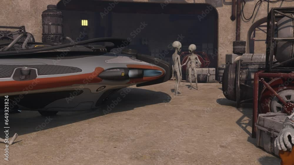 Aliens are repairing a space shuttle or spaceship on a planet similar ...