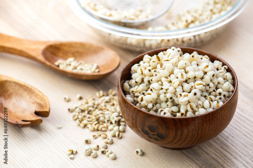 Hot Boiled Job’s Tears millet seed from boiler. White boiled Job’s ...