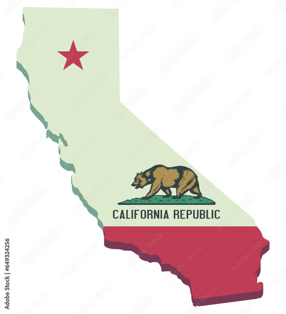 3D map of California in California state flag colors in cutout flat ...
