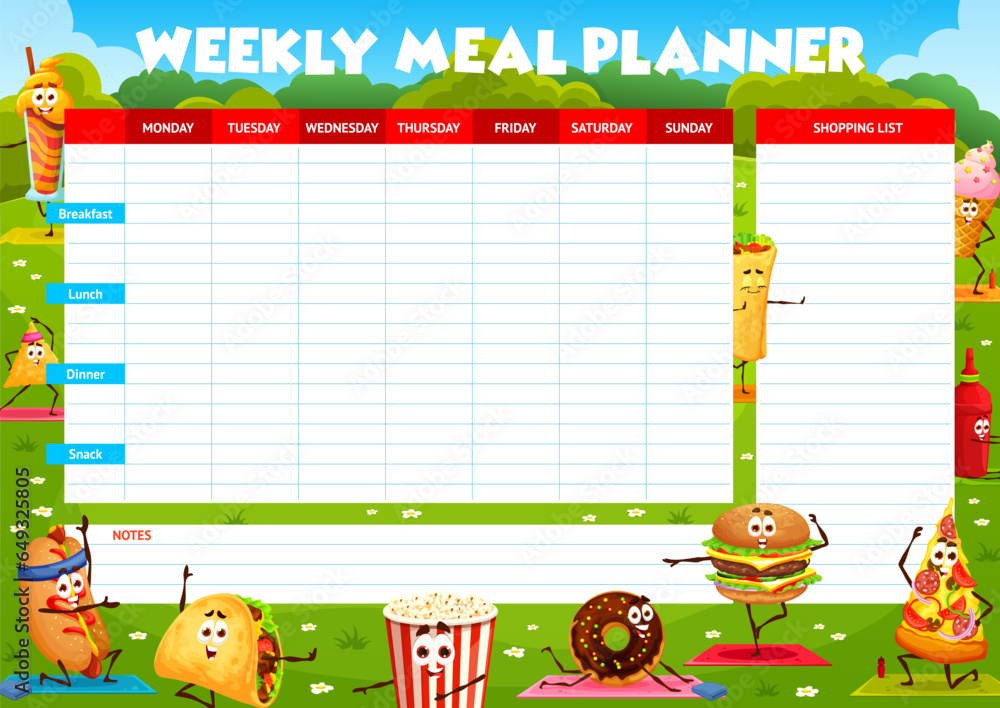 Weekly meal planner, cartoon fast food characters, vector food eating ...